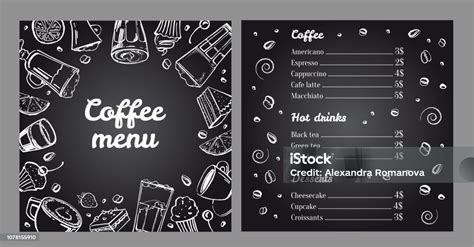 커피 메뉴 디자인 서식 파일입니다 커버 고 뜨거운 음료와 디저트의 목록입니다 벡터 윤곽선 흑백 칠판 배경에 그려진된 그림 손