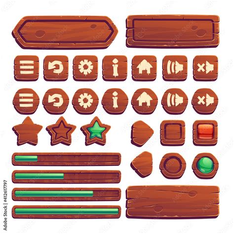 Wooden Buttons For Ui Game Gui Elements Isolated On White Background Vector Cartoon Kit Of