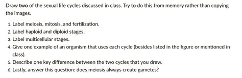 SOLVED Draw To Learn Sexual Reproduction Draw Two Of The Sexual Life Cycles Discussed In Class