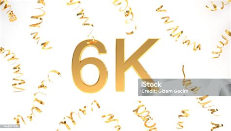 축하 3d 렌더링을 위한 색종이가 있는 황금 6k 추종자 기호 3차원 형태에 대한 스톡 사진 및 기타 이미지 3차원 형태