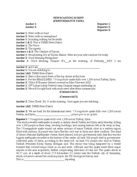 Newscasting Script For Educational NEWSCASTING SCRIPT PERFORMANCE TASK Anchor 1 Reporter