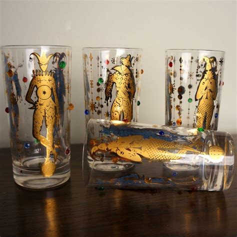 Vintage Culver Glassware Mardi Gras Pattern 22k Gold Jester Jewelled Drinking Glasses Vintage