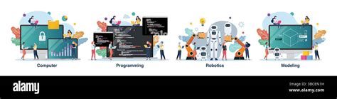 scene of computer modeling robotics and programming class with tiny people 3d modeling