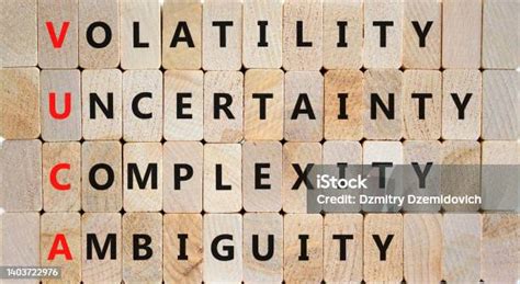 Vuca 변동성 불확실성 복잡성 모호성 기호 개념 단어 Vuca 변동성 불확실성 복잡성 블록에 대한 모호성 아름다운 나무 배경 비즈니스 및 Vuca 개념 공간을 복사합니다