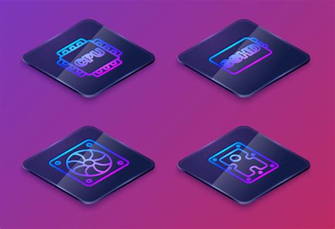 Cpu 컴퓨터 쿨러 Sshd 카드 및 하드 디스크 드라이브 Hdd와 Isometric 라인 프로세서를 설정합니다 파란색 정사각형 버튼 벡터 3차원 형태에 대한 스톡 벡터