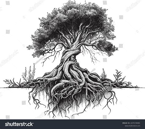 Tree Huge Roots Silhouette Stock Vector Royalty Free 2275739481