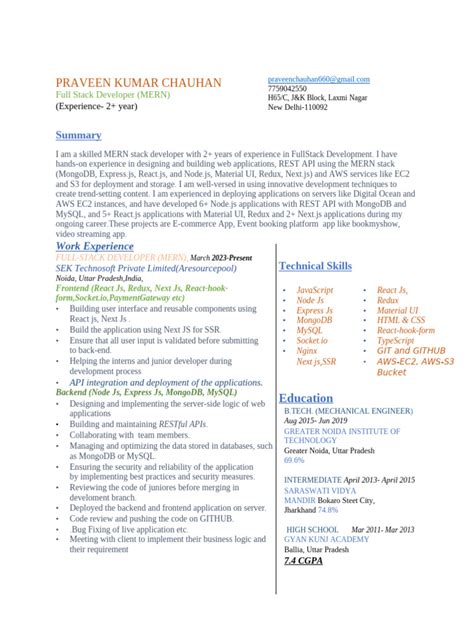 Praveen Experience 2 Years Mern Stack Developer Pdf Computing Software