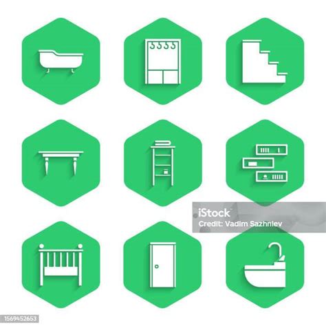 수건 선반 닫힌 문 세면대 수도꼭지 선반 책 아기 침대 요람 침대 나무 테이블 계단 및 욕조 아이콘이 있는 욕실 선반을 설정합니다 벡터 0명에 대한 스톡 벡터 아트 및 기타