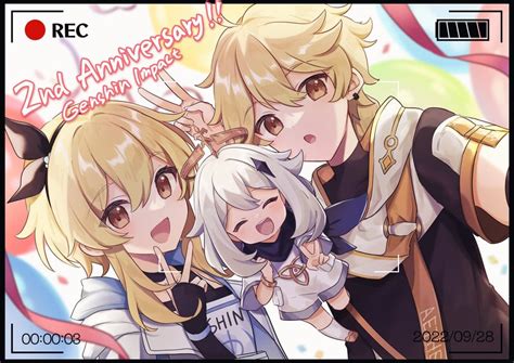 Lumine Aether Paimon Lumine Aether And 1 More Genshin Impact Drawn By Shirase Shirose