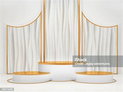 추상 3d 럭셔리 황금 표면과 흰색 실린더 연단 또는 제품 스탠드 배경 3d 렌더링으로 골드 프레임 흰색 커튼 0명에 대한 스톡