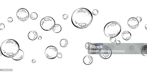 다양한 크기와 색조의 푸른 물방울이 혼란스러운 순서로 나타납니다 그래픽 선형 드로잉 손으로 그린 흑백 흑백 항해의 원활한 테두리 패턴 구에 대한 스톡 벡터 아트 및 기타