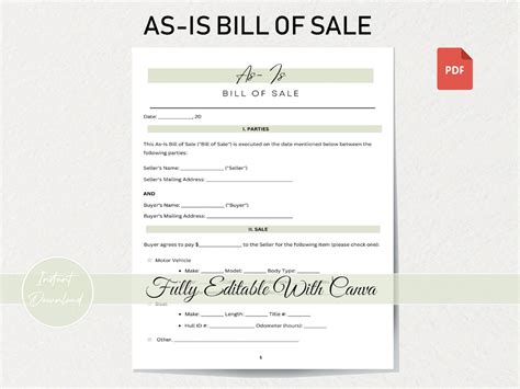 Customizable As Is Bill Of Sale Template Printable Legal Contract For