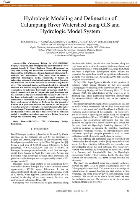hydrologic modeling and delineation of calumpang river watershed using gis and hydrologic model