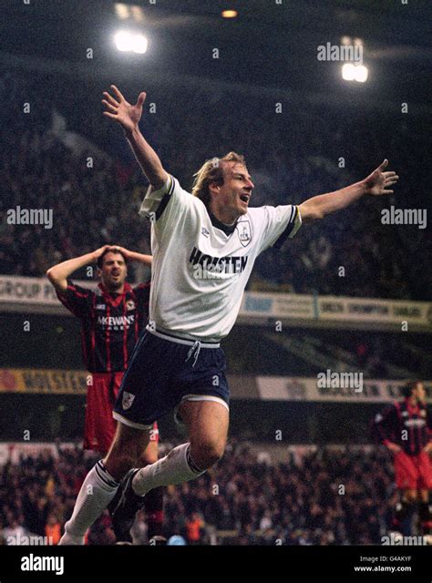 Tottenhams German Striker Jurgen Klinsmann Celebrates After Scoring