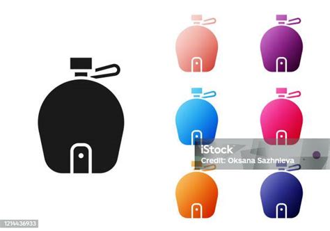 흰색 배경에 고립 된 검은 색 수통 물병 아이콘입니다 관광 플라스크 아이콘입니다 캠페인에서 물 사용 항아리 다채로운 아이콘을 설정합니다 벡터 일러스트레이션 관광객에 대한