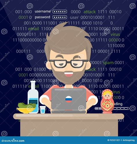 Russian Hacker Thief Trying To Hack Personal Information And Download Data Stock Vector