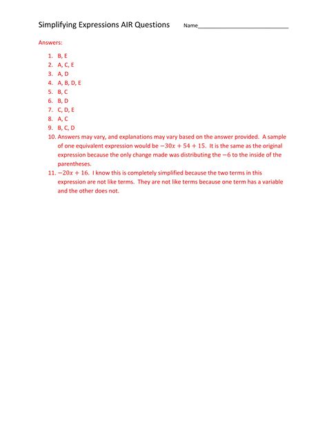 Simplifyingexpressionsaireocquestions Pdf