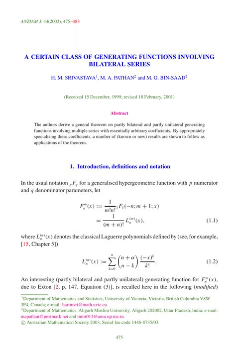 Pdf A Certain Class Of Generating Functions Involving Bilateral Series