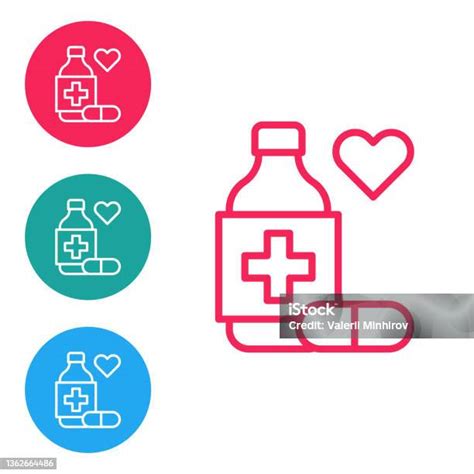 흰색 배경에 고립 된 레드 라인 의학 병 과 알약 아이콘 병 알약 기호 약국 디자인 원 버튼에 아이콘을 설정합니다 벡터 0명에