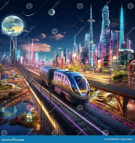 Whimsical Futuristic Cityscape With Flying Model Trains Stock Image Image Of Detailed Model