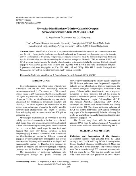 Pdf Molecular Identification Of Marine Calanoid Copepod Paracalanus Parvus Claus 1863 Using