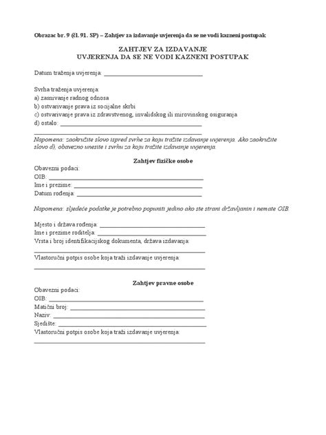 Zahtjev Za Izdavanje Uvjerenja Da Se Ne Vodi Kazneni Postupak Pdf