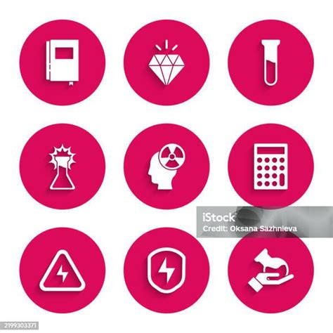 헤드 및 방사선 기호 번개로 안전한 보호막 시험관 플라스크 계산기 고전압 및 책 아이콘을 설정합니다 벡터 건강 진단에 대한 스톡 벡터 아트 및 기타 이미지 Istock