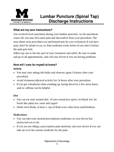 2018 Form University Of Michigan Medicine Lumbar Puncture Spinal Tap