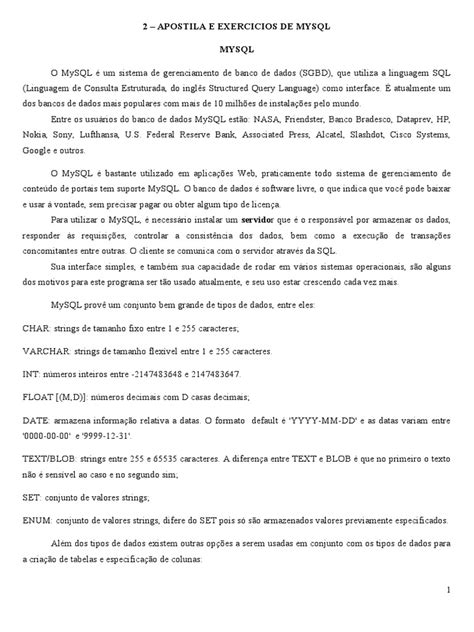 Apostila De Banco De Dados Mysql E Phpmyadmin E Exercicios Pdf My