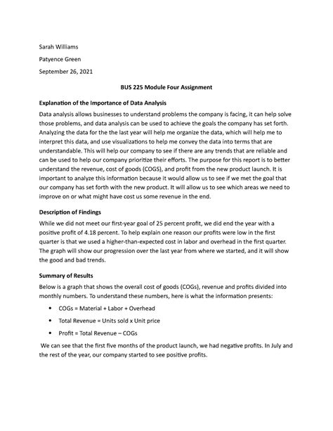 4 1 Assignment Making Data Driven Decisions Assignment Sarah Williams Patyence Green