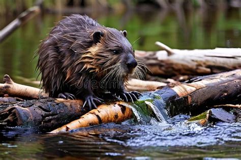 Beaver Building Dam A Busy Beaver Gnawing On Logs To Construct Stock