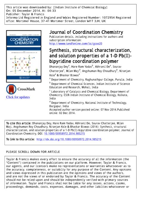 Pdf Synthesis Structural Characterization And Solution Properties Of A 1 D Pb Ii Bipyridine