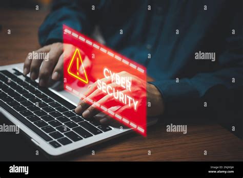 Businessman Programmer Developer Using Laptop Computer With Triangle Caution Warning Sign