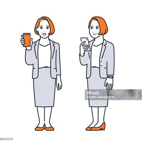 스마트 폰을 들고있는 중년 여성의 간단한 벡터 일러스트 세트 소재 성년 여자에 대한 스톡 벡터 아트 및 기타 이미지 성년