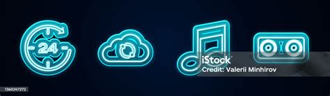 세트 라인 시계 24 시간 클라우드 동기화 새로 고침 음악 노트 톤 및 스테레오 스피커 빛나는 네온 아이콘 벡터 0명에 대한 스톡 벡터 아트 및 기타 이미지 Istock