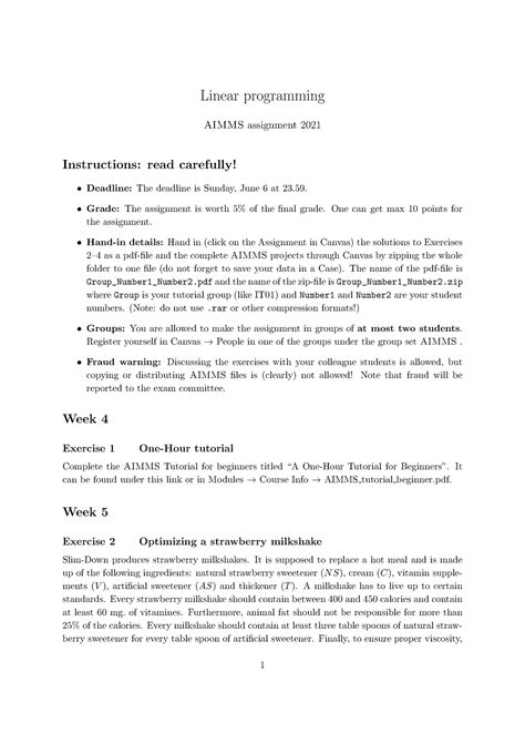 Exercise Set Aimms 20 21 Linear Programming Aimmsassignment 2021 Instructions Read Carefully