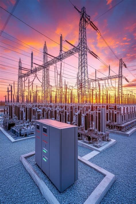 Power Grid At Sunset Electrical Substation With Switchgear