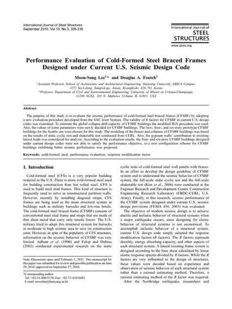 Performance Evaluation Of Cold Formed Steel Braced Frames Designed Under Current U S Seismic