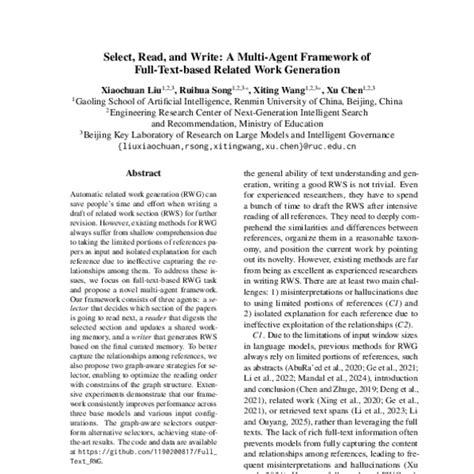 Select Read And Write A Multi Agent Framework Of Full Text Based Related Work Generation