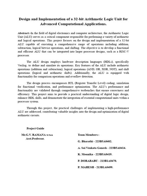 Abstract Design And Implementation Of A 32 Bit Arithmetic Logic Unit For Advanced Computational