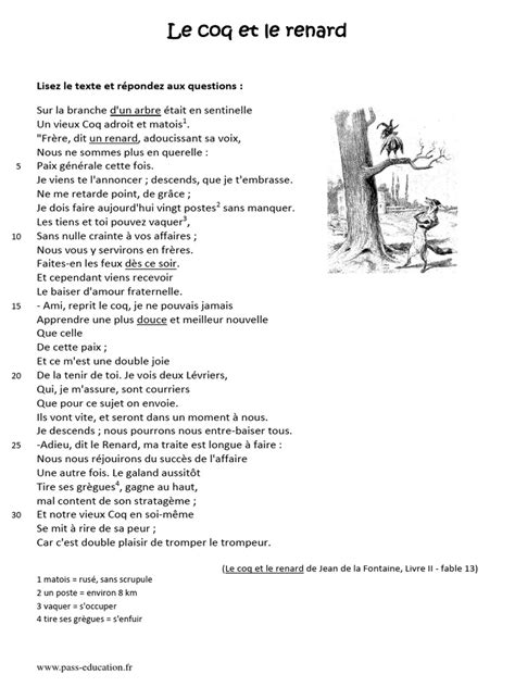 le coq et le renard 6ème lecture fable récit pdf