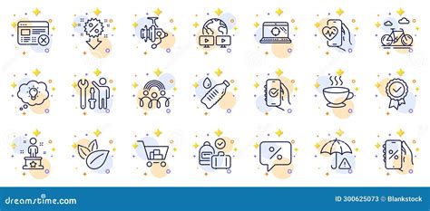 outline set of reject web carry on baggage and coffee cup line icons