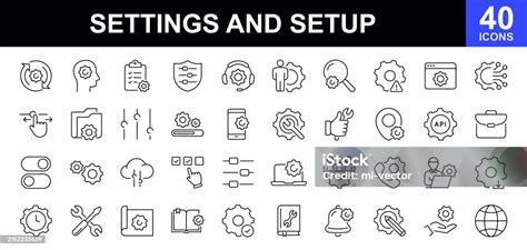 설정 및 설정 아이콘 설정 Ui 아이콘 집합입니다 기어 조정 설정 기본 설정과 같은 아이콘이 포함되어 있으며 옵션 컨트롤 서비스 작동 아이콘 등이 포함되어 있습니다 벡터