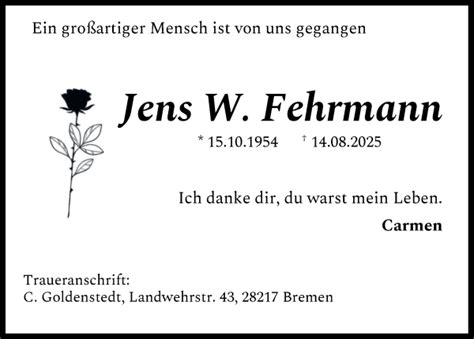 Traueranzeigen Von Jens Walter Fehrmann Trauer And Gedenken