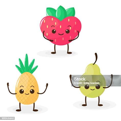카와이 스타일의 재미있는 과일 세트 만화 캐릭터의 벡터 세트입니다 Animated Feature Film Genre에 대한 스톡 벡터 아트 및 기타 이미지