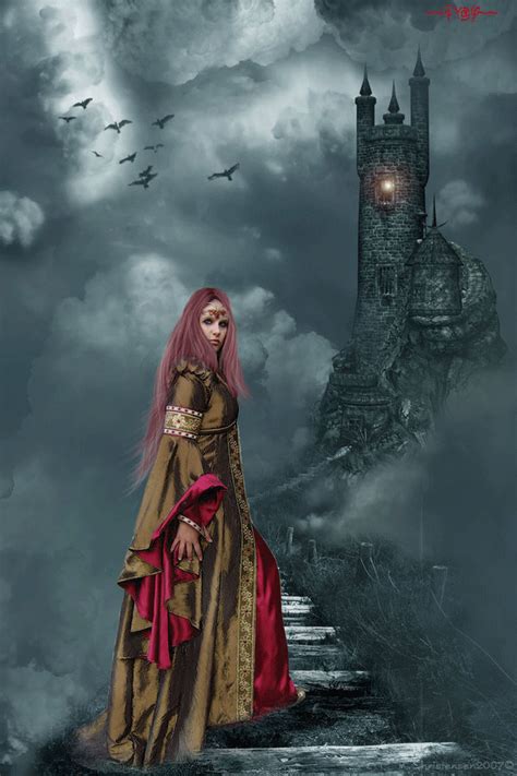 Гиф анимация Фантастическая девушка поднимается вверх по лестнице на фоне замка