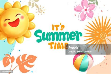 여름 시간 인사말 클립 아트 디자인 여름 시간 텍스트 와 태양 캐릭터 와 행복한 얼굴 클립 아트 와 열대 그림 개념에 대한 스톡