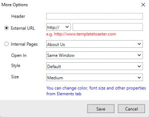More Options Dialog Box TemplateToaster Web Design Software