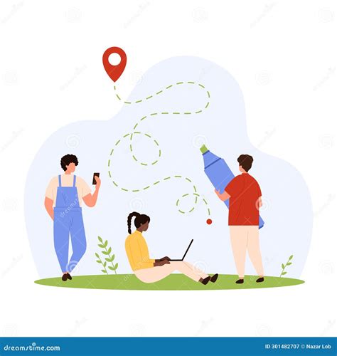 Gps Navigation Service Tracking Mobile App Tiny People Holding Marker To Mark Route Stock