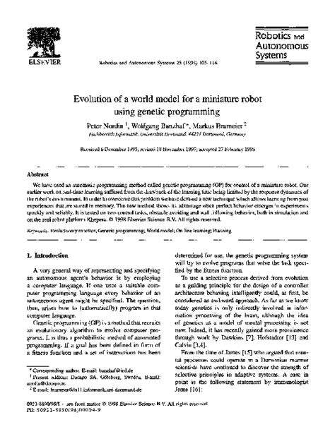 Pdf Evolution Of A World Model For A Miniature Robot Using Genetic Programming